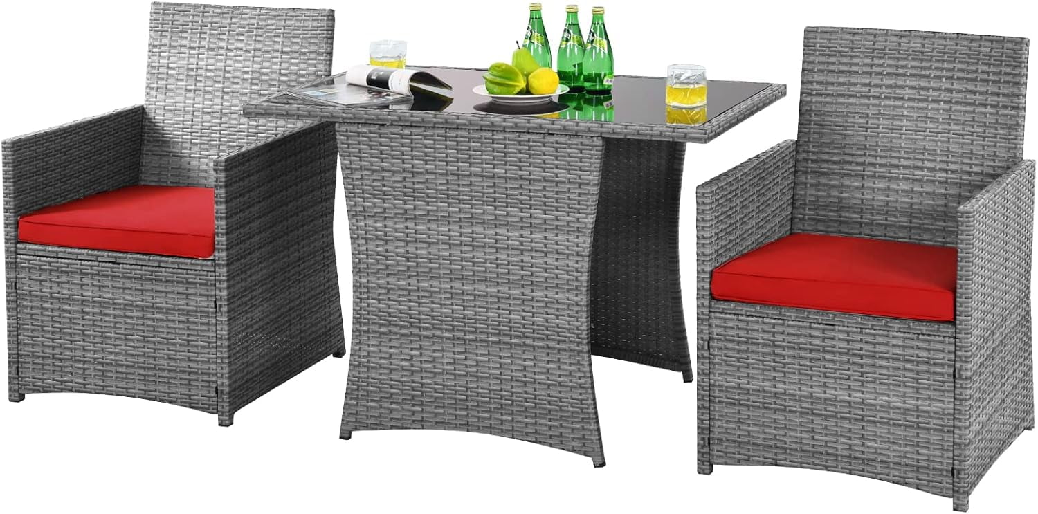 HAPPYGRILL 3 Piece Outdoor Wicker Bistro Set Space-Saving PE Rattan ...