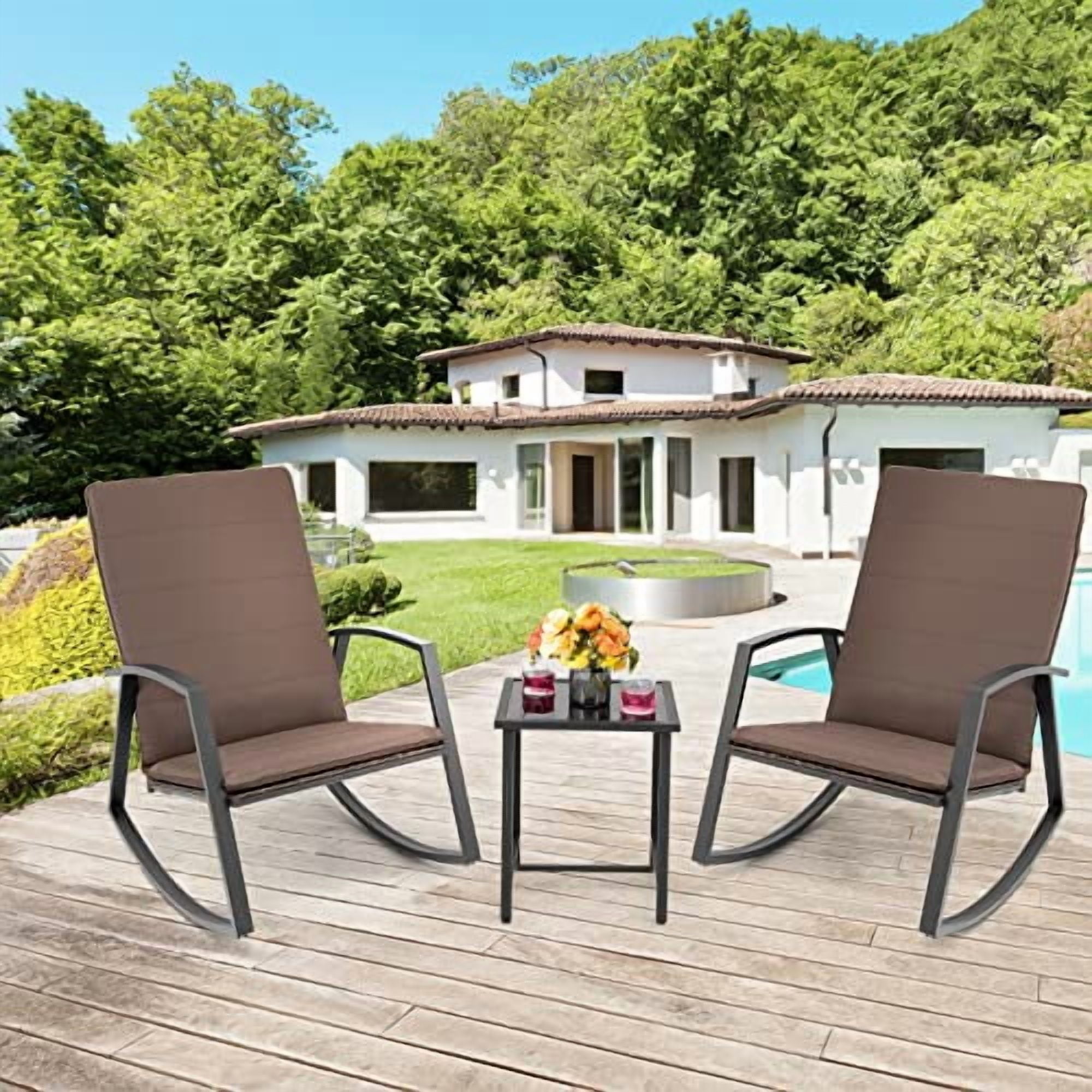 HAPPYGRILL 3 Piece Rocking Bistro Set, Patio Rattan Rocking Chair Set ...