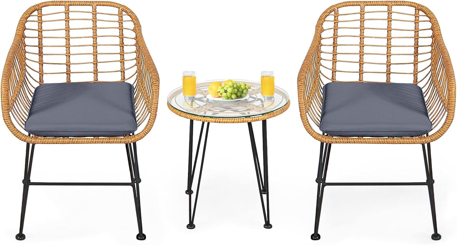 HAPPYGRILL 3 Pieces Rattan Bistro Set with Steel Frame Round Coffee ...