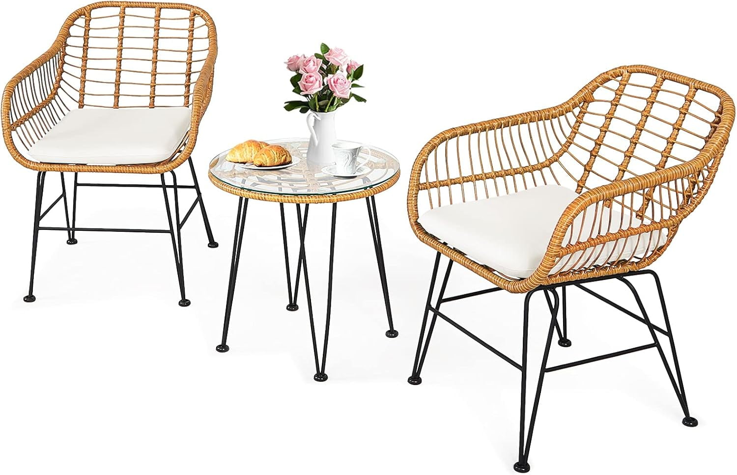 HAPPYGRILL 3 Pieces Rattan Bistro Set with Steel Frame Round Coffee ...