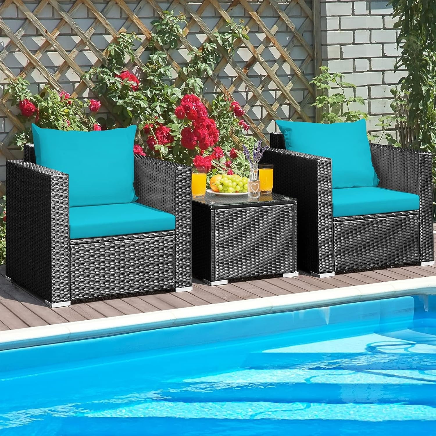 HAPPYGRILL 3 Pieces Rattan Patio Conversation Set, PE Wicker Patio ...