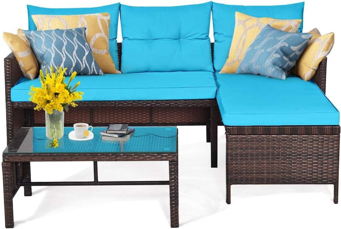 HAPPYGRILL 3 Pieces Rattan Wicker Patio Conversation Set, Outdoor Sofa ...