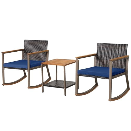 HAPPYGRILL 3 Pieces Rocking Bistro Set, Outdoor PE Wicker Rocking Chair ...