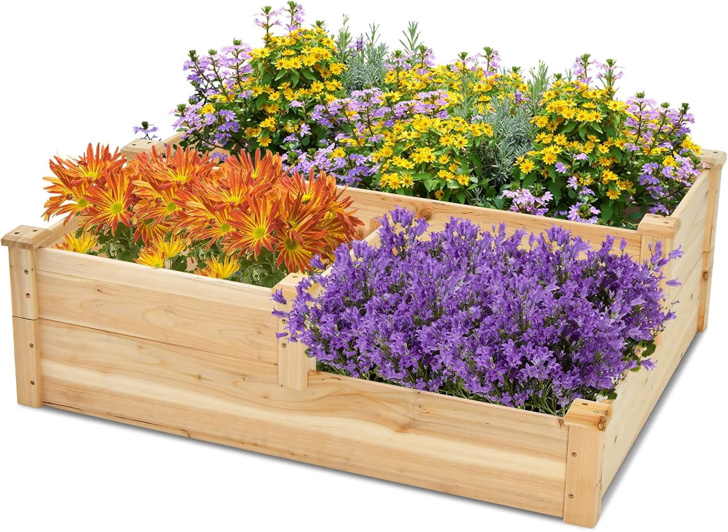 HAPPYGRILL 3-Tier Raised Garden Bed, Wood Elevated Flower Box with Open ...