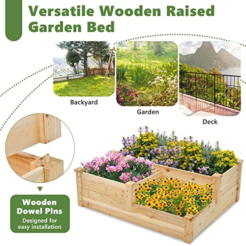 HAPPYGRILL 3-Tier Raised Garden Bed, Wood Elevated Flower Box with Open ...