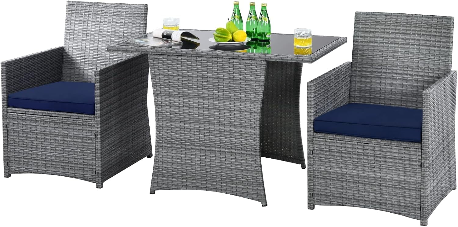 HAPPYGRILL 3PCS Outdoor Wicker Bistro Set Space-Saving PE Rattan Dining ...