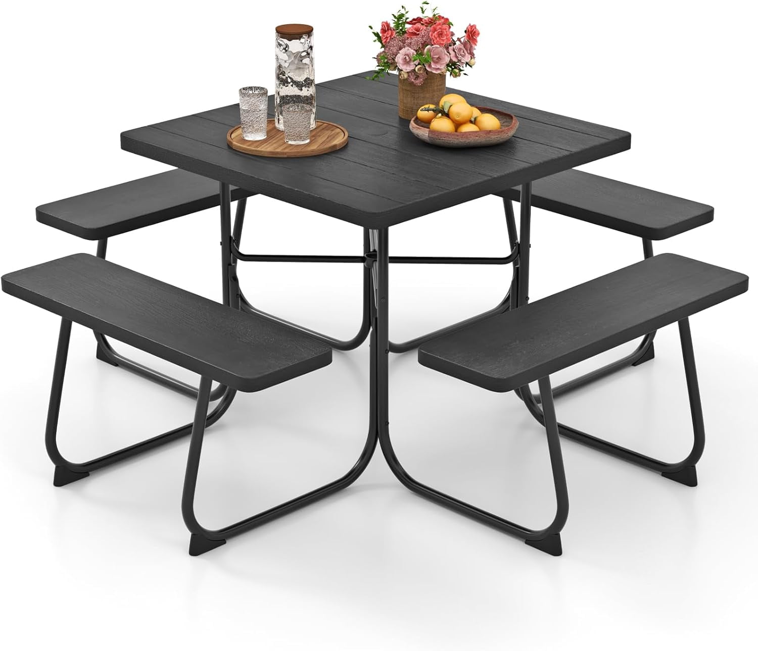 HAPPYGRILL 4-8 Person Square Picnic Table Bench Set with Umbrella Hole ...