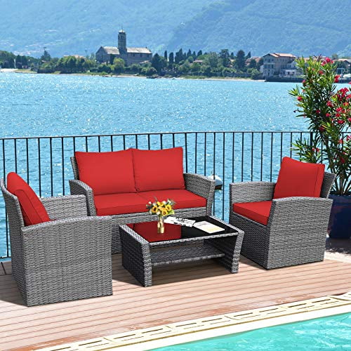 HAPPYGRILL 4 Piece Patio Rattan Furniture Set Outdoor Conversation Set ...