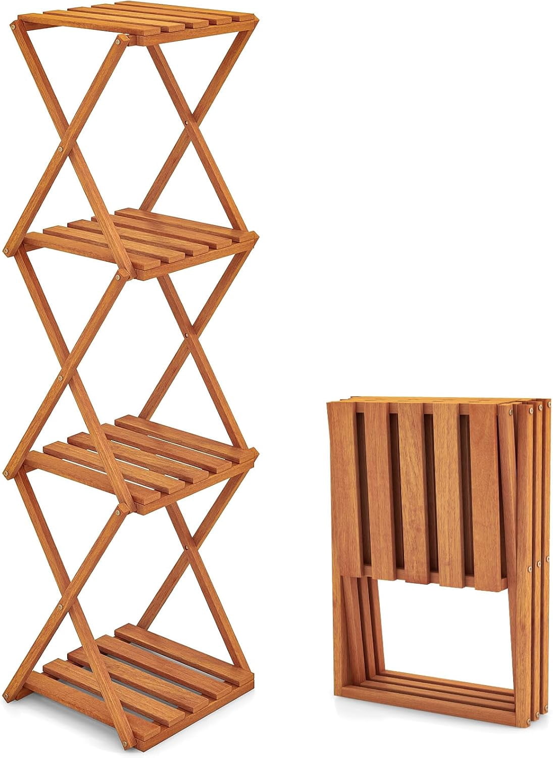 HAPPYGRILL 4-Tier Folding Plant Stand, Wooden Flower Rack Shoe Rack ...