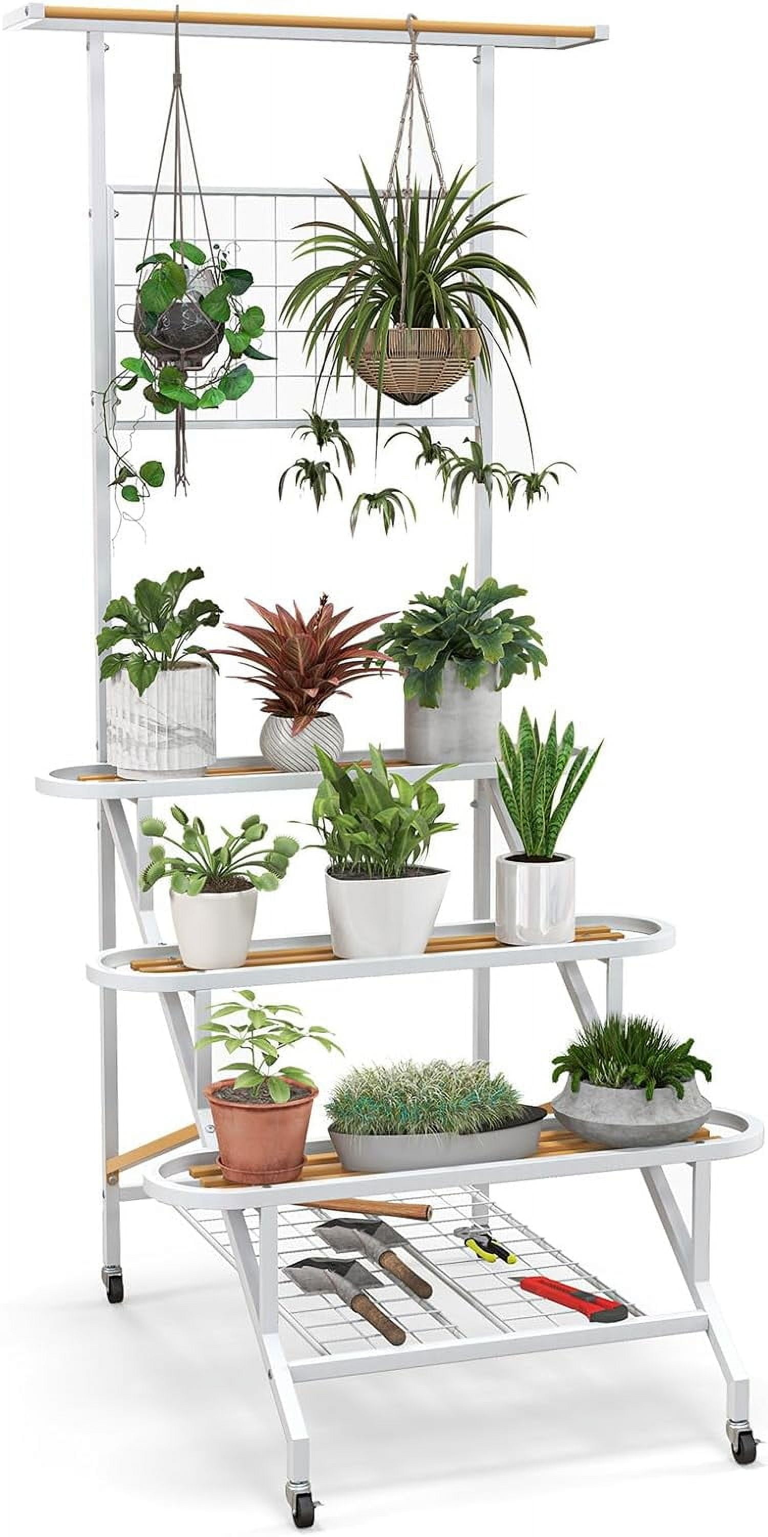 HAPPYGRILL 4-Tier Shelf, Hanging Stand with Hanging Bar & Trellis for ...