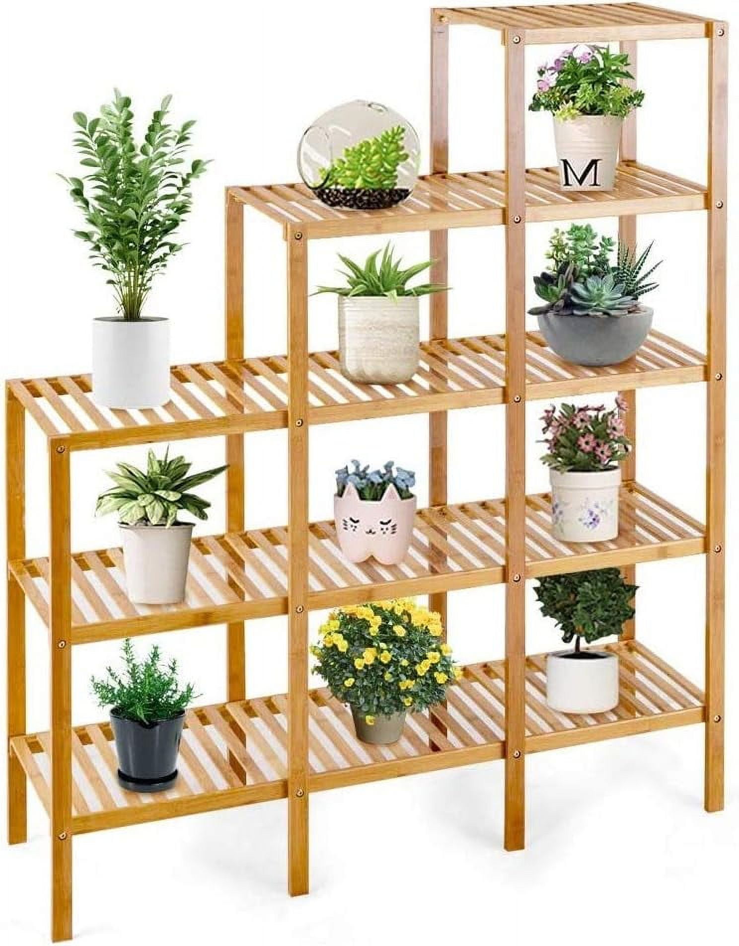 HAPPYGRILL 5-Tier Flower Stand Shelf Indoor Outdoor Bamboo Utility ...