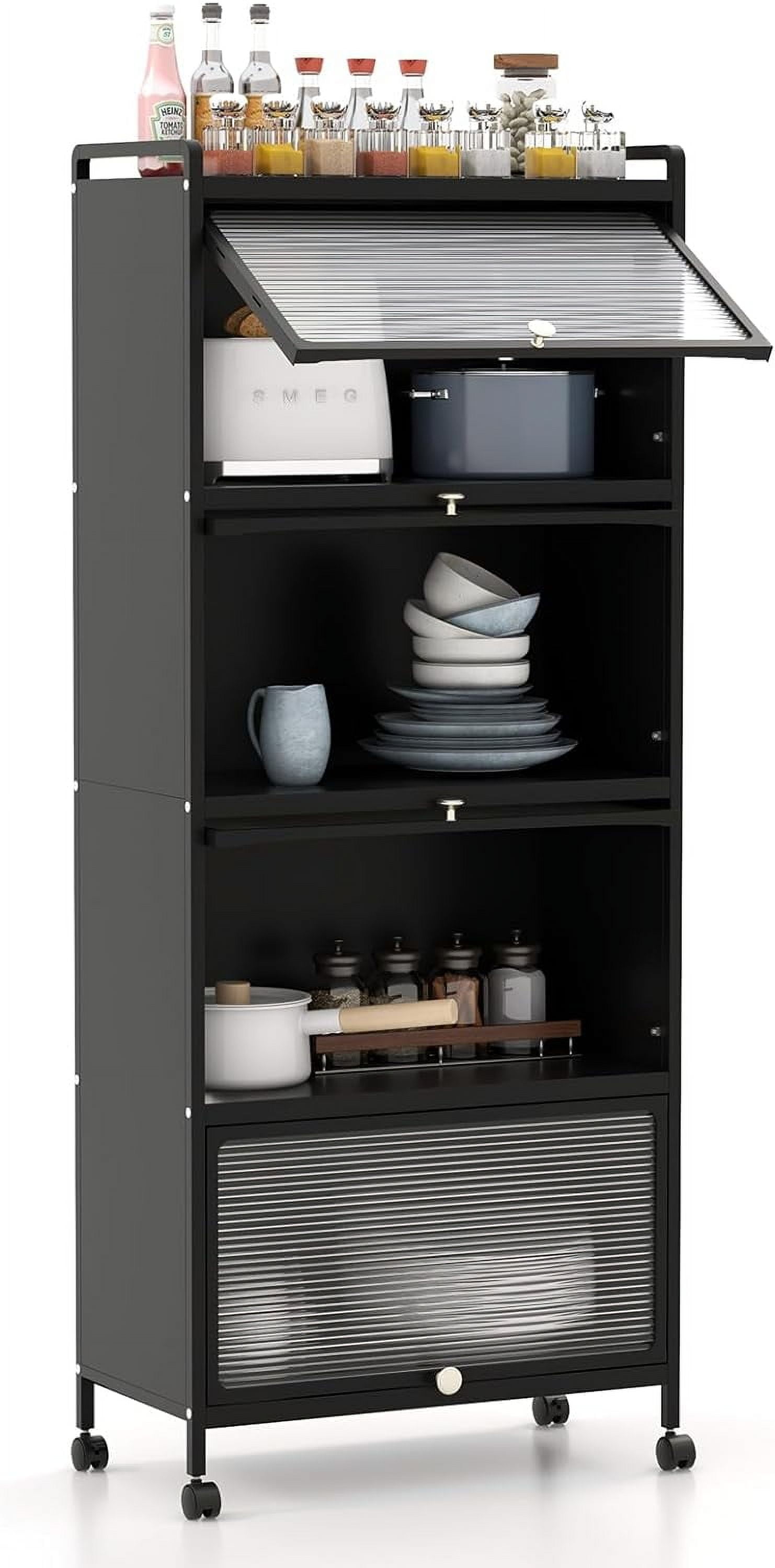 HAPPYGRILL 5-Tier Kitchen Storage Cabinet, Mobile Microwave Stand w ...