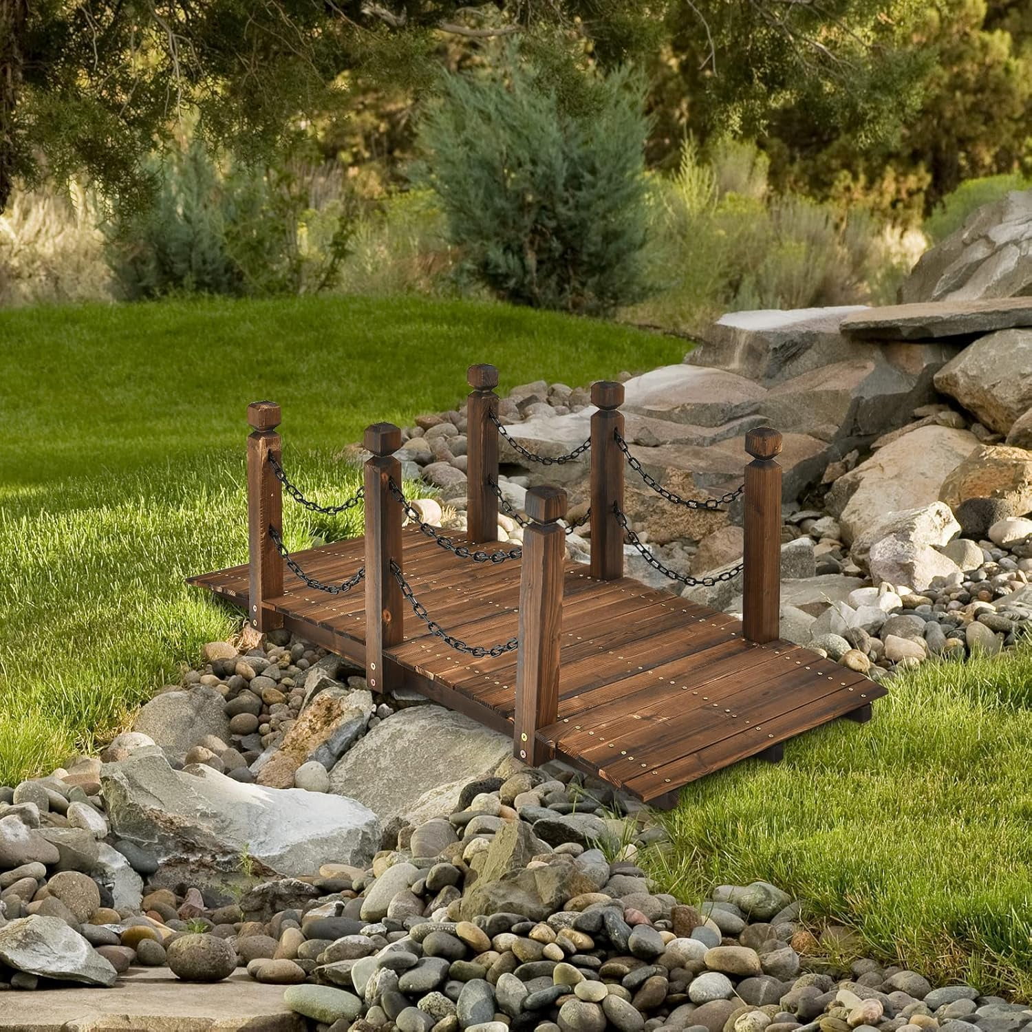 HAPPYGRILL 5FT Wooden Bridge, Decorative Small Arc Pond Bridge ...