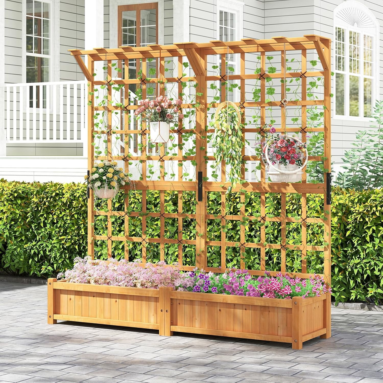HAPPYGRILL 71" Raised Garden Bed with Trellis, Wood Planter Container w ...