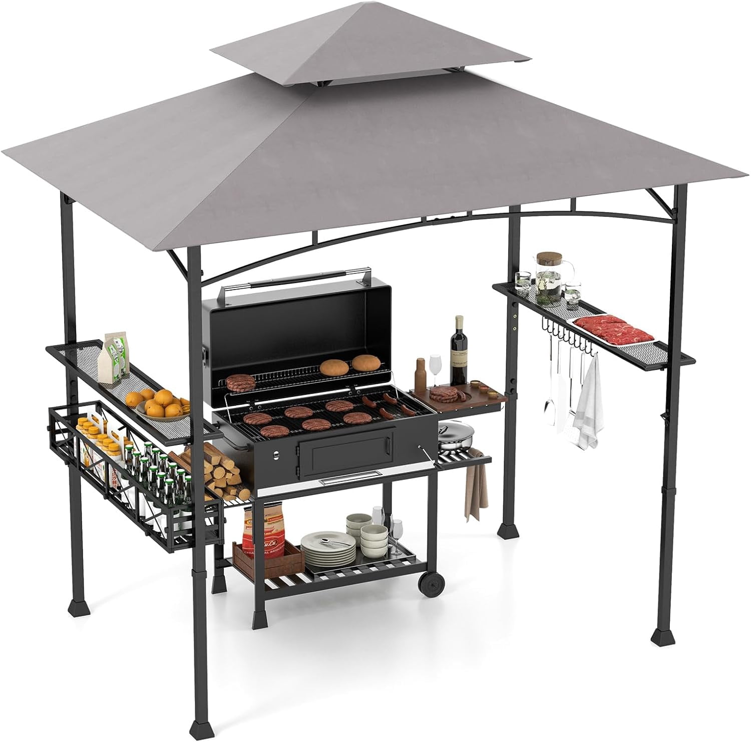 HAPPYGRILL 8 x 5 FT BBQ Grill Gazebo with 2 Side Shelves, Storage ...