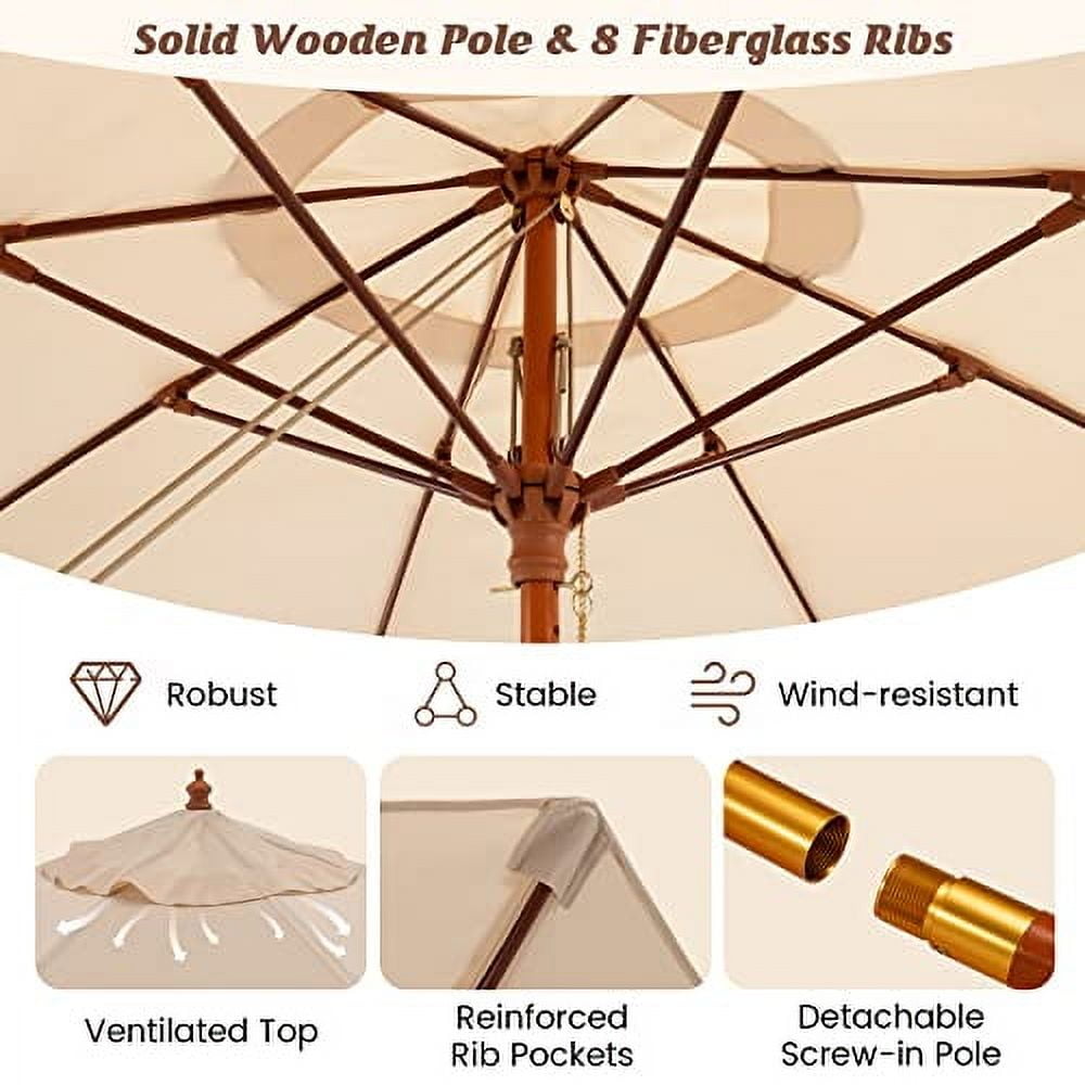 HAPPYGRILL 9.5FT Wooden Patio Umbrella with Rope Pulley Lift, 8 ...