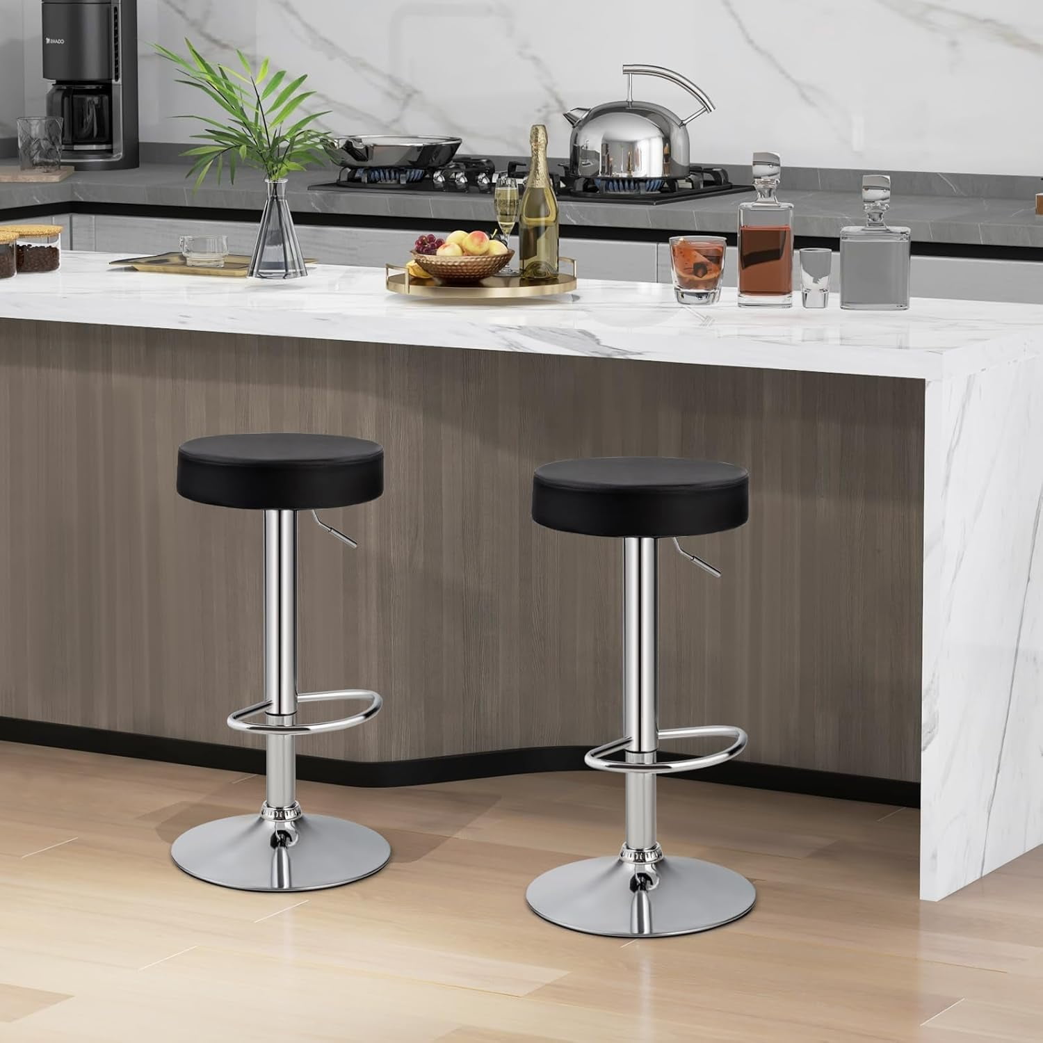 HAPPYGRILL Barstool Set of 2, Backless Round Swivel Barstool with High ...