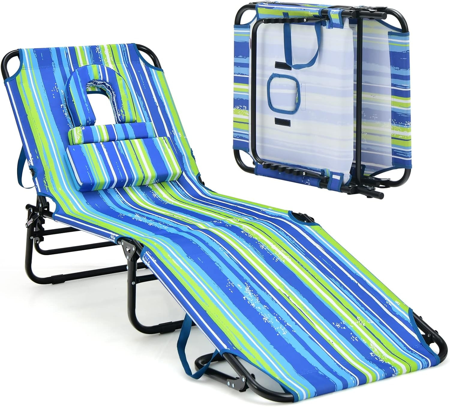 HAPPYGRILL Beach Chaise Lounge Chair with Face Hole & Detachable ...