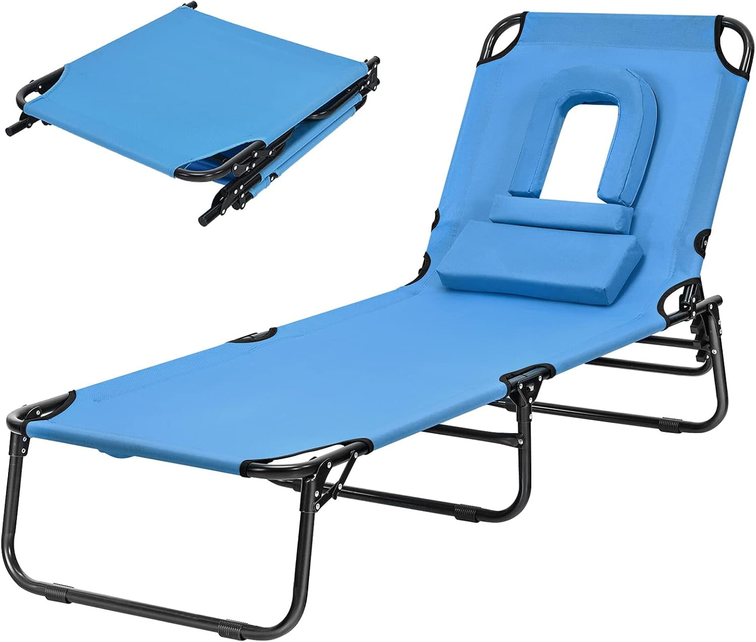 HAPPYGRILL Beach Lounge Chair Adjustable Folding Chaise Sunbathing ...