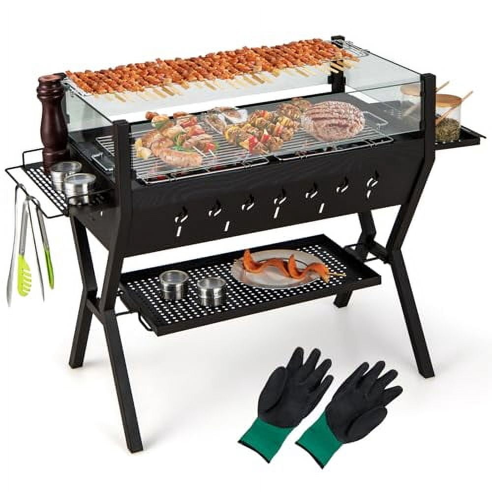 HAPPYGRILL Charcoal Grill with Glass Wind Guard, Outdoor Barbecue ...