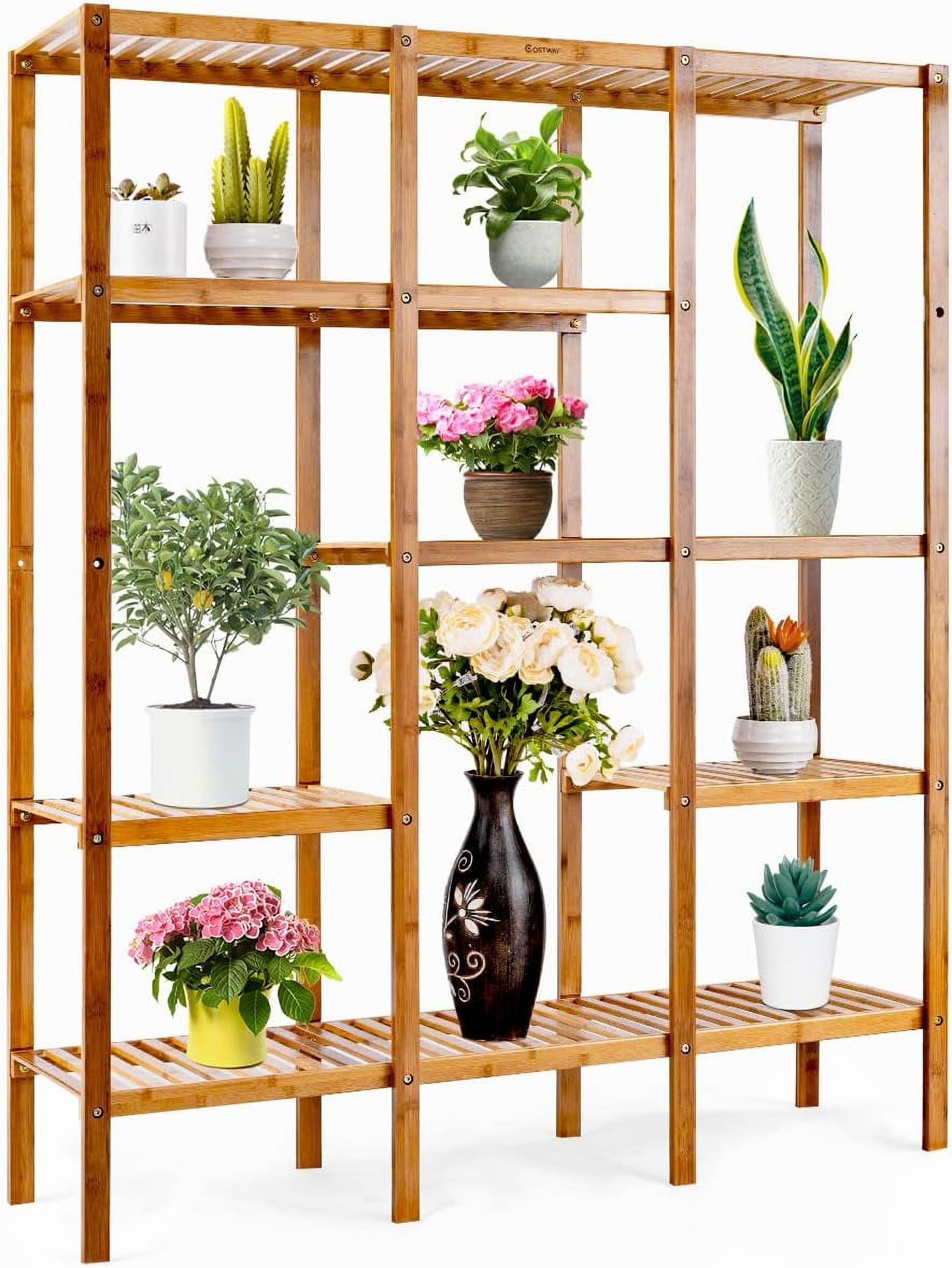 HAPPYGRILL Flower Stand Shelf Indoor Outdoor Bamboo Utility Shelf ...