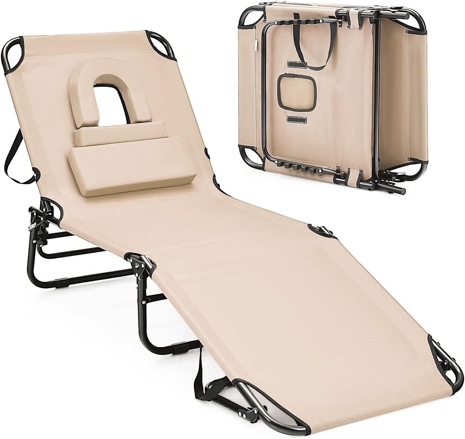 HAPPYGRILL Foldable Chaise Lounge Chair with Face Hole & Detachable ...