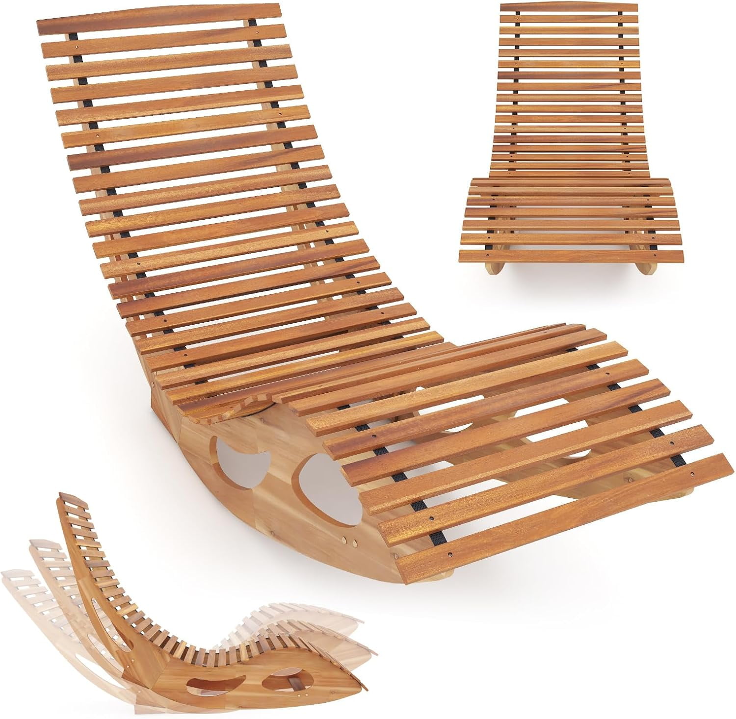HAPPYGRILL Outdoor Acacia Wood Chaise Lounge, Rocking Chair with High ...