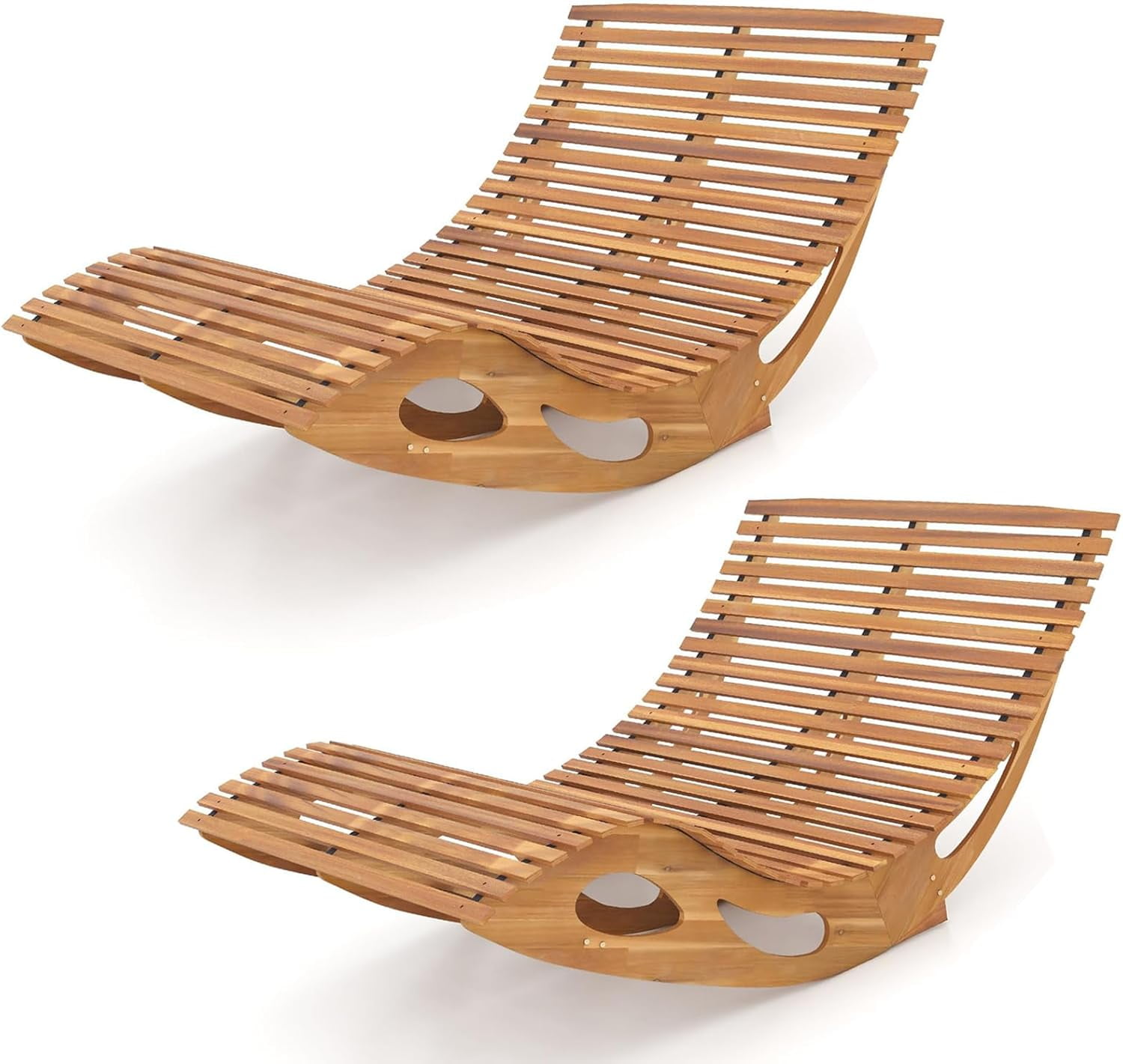 HAPPYGRILL Outdoor Acacia Wood Double Chaise Lounge Set of 2, Rocking ...