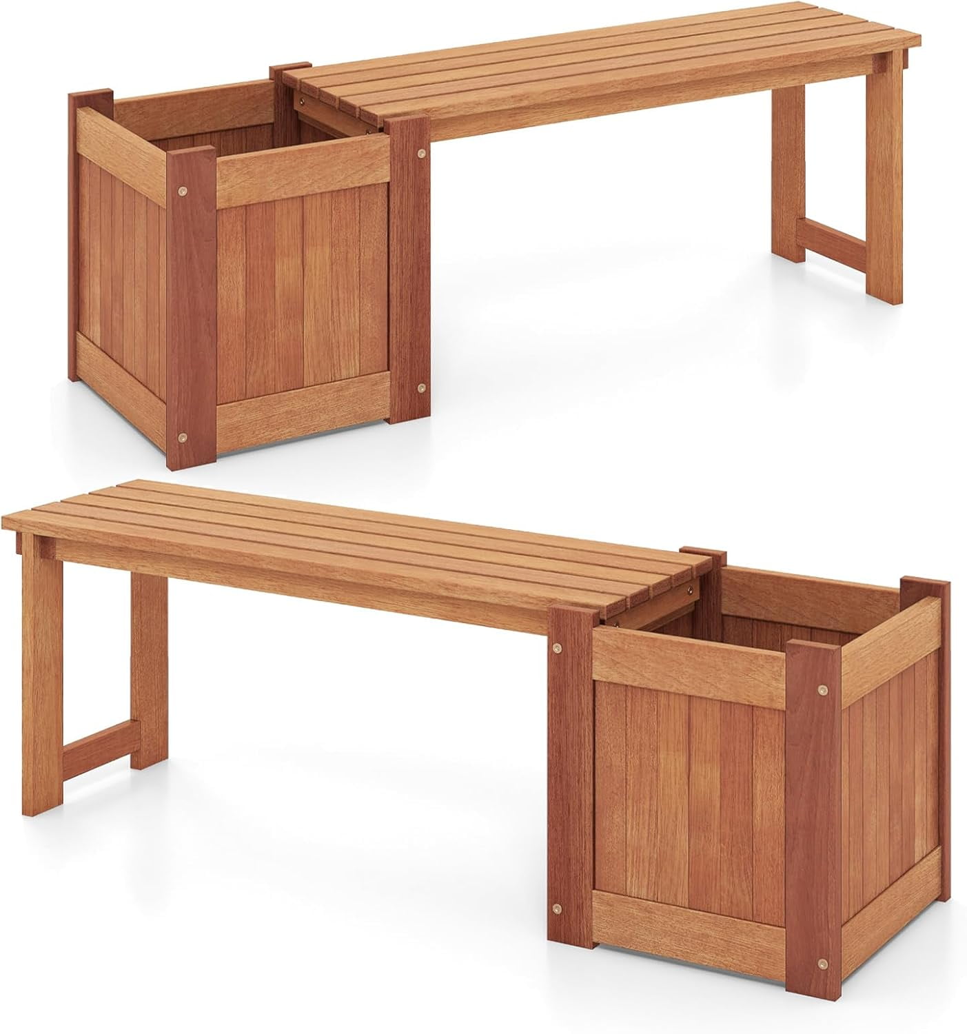 HAPPYGRILL Outdoor Bench with Planter Box, 2 Raised Garden Bed w ...