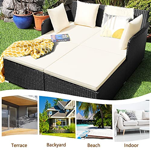 HAPPYGRILL Outdoor Daybed Rattan Wicker Patio Daybed with Padded ...