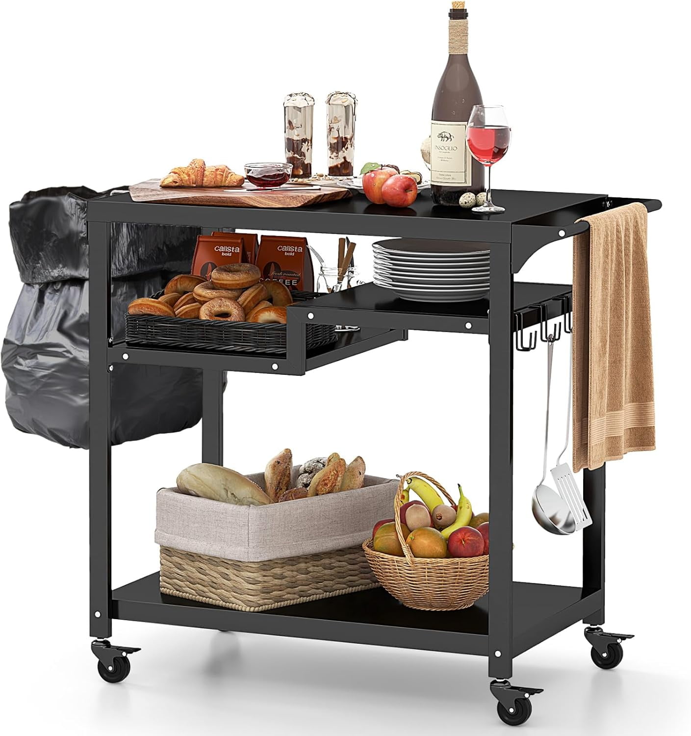 HAPPYGRILL Outdoor Grill Dining Cart, Movable BBQ Trolley Pizza Oven ...