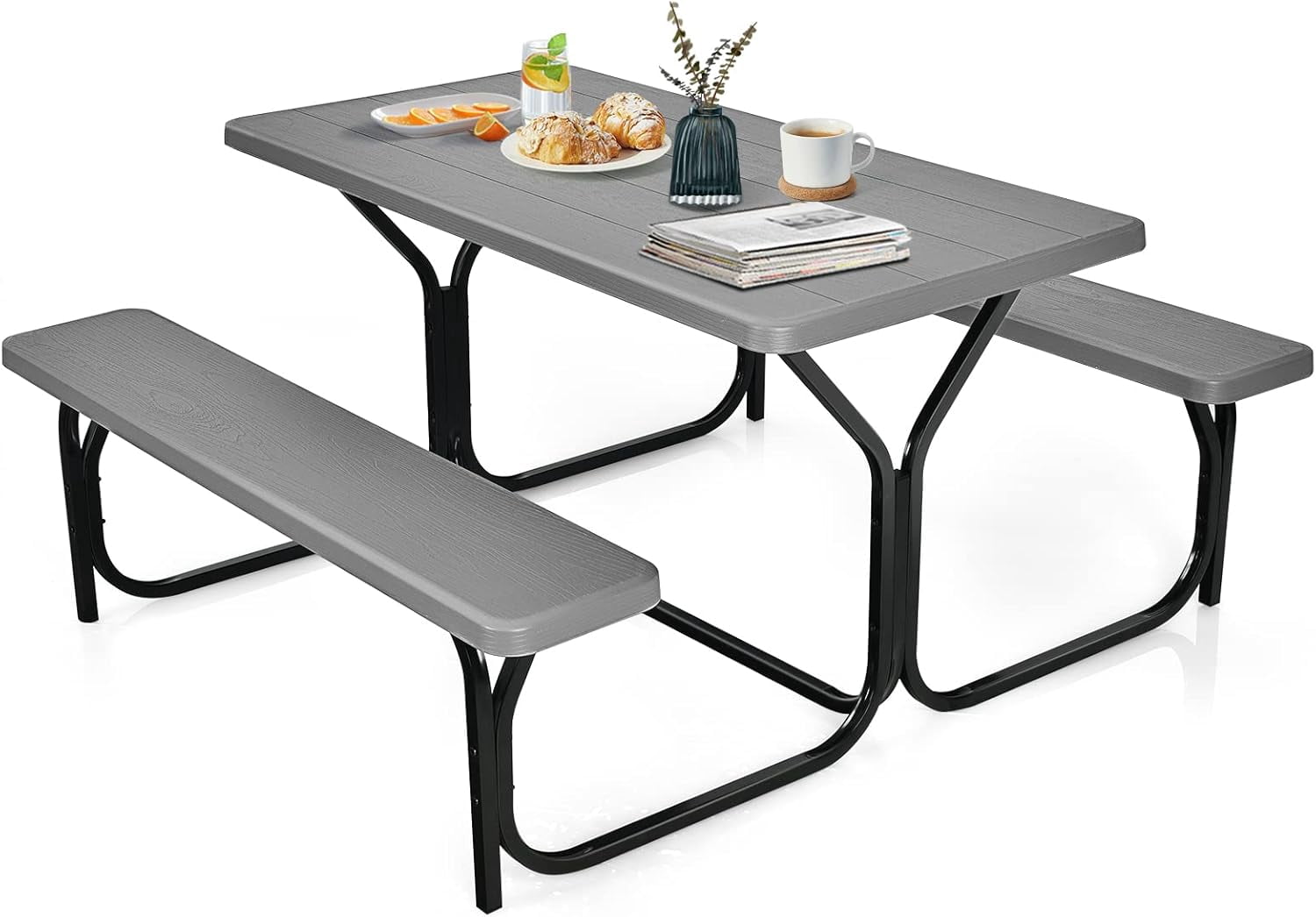 HAPPYGRILL Outdoor Picnic Table Bench Set with Metal Frame & All ...