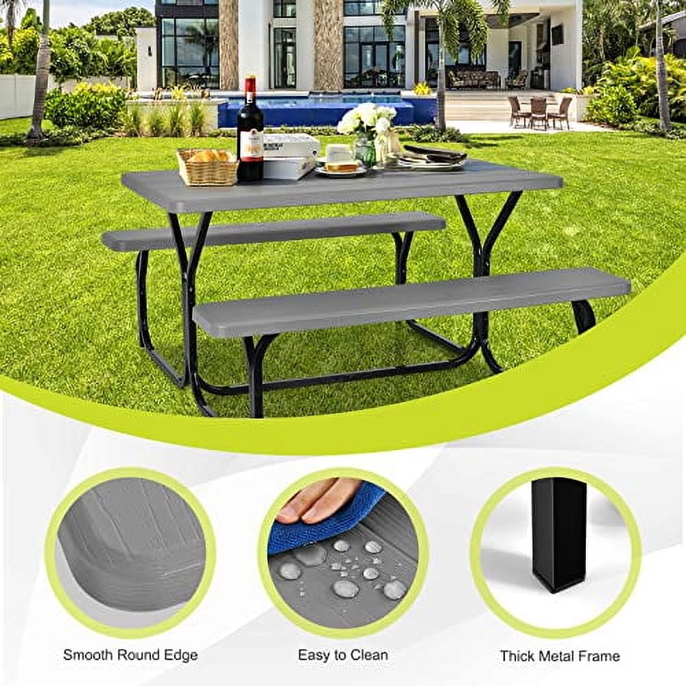 HAPPYGRILL Outdoor Picnic Table Set with Metal Frame & All Weather ...