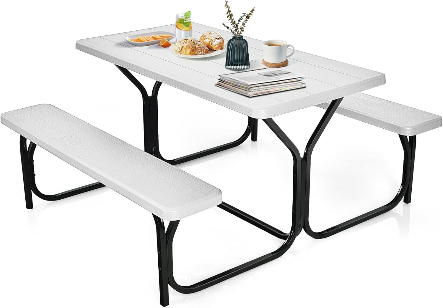 HAPPYGRILL Outdoor Picnic Table Set with Metal Frame & All Weather ...