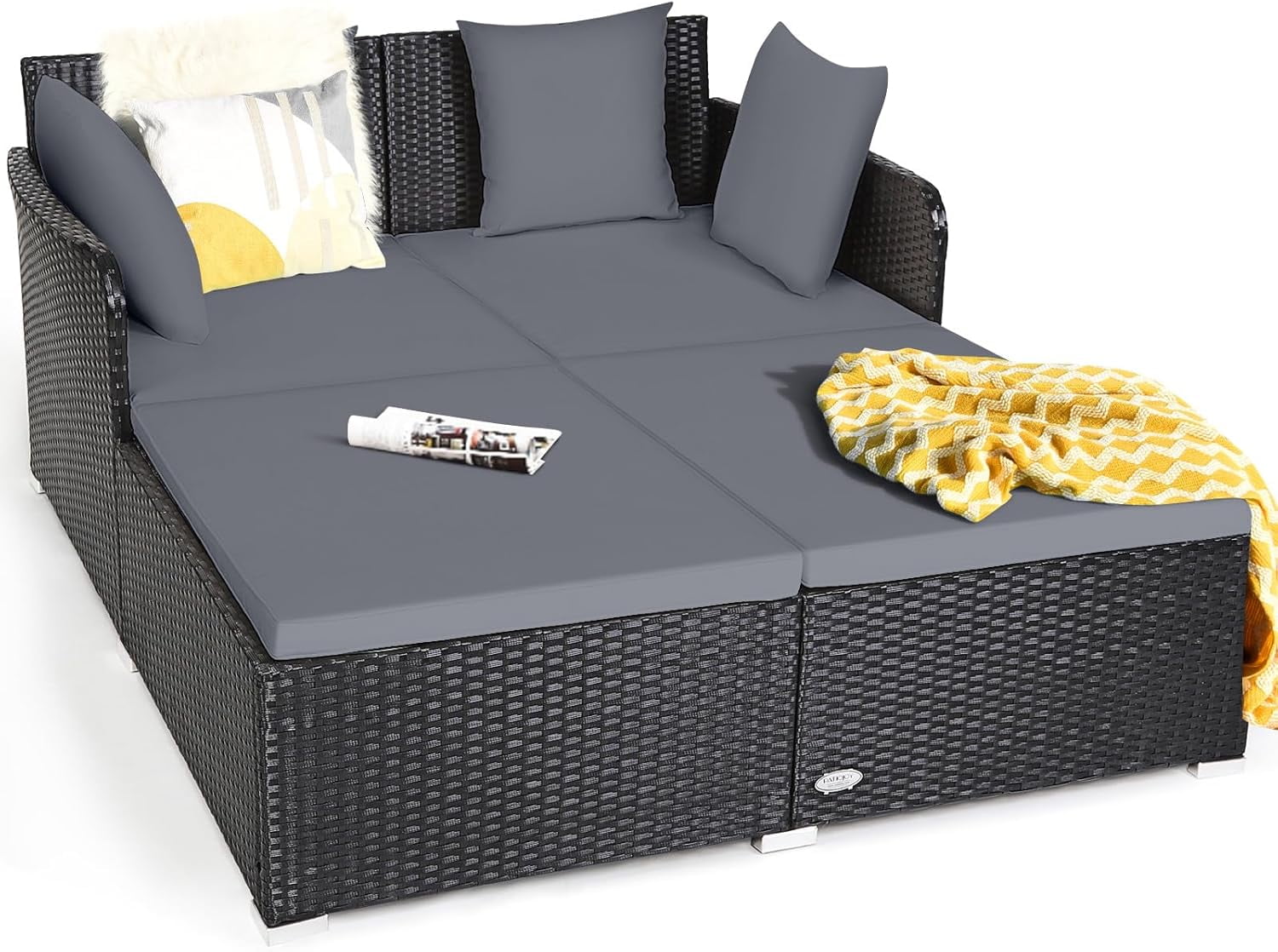 HAPPYGRILL Outdoor Rattan Daybed Patio Loveseat Sofa Set with Padded ...