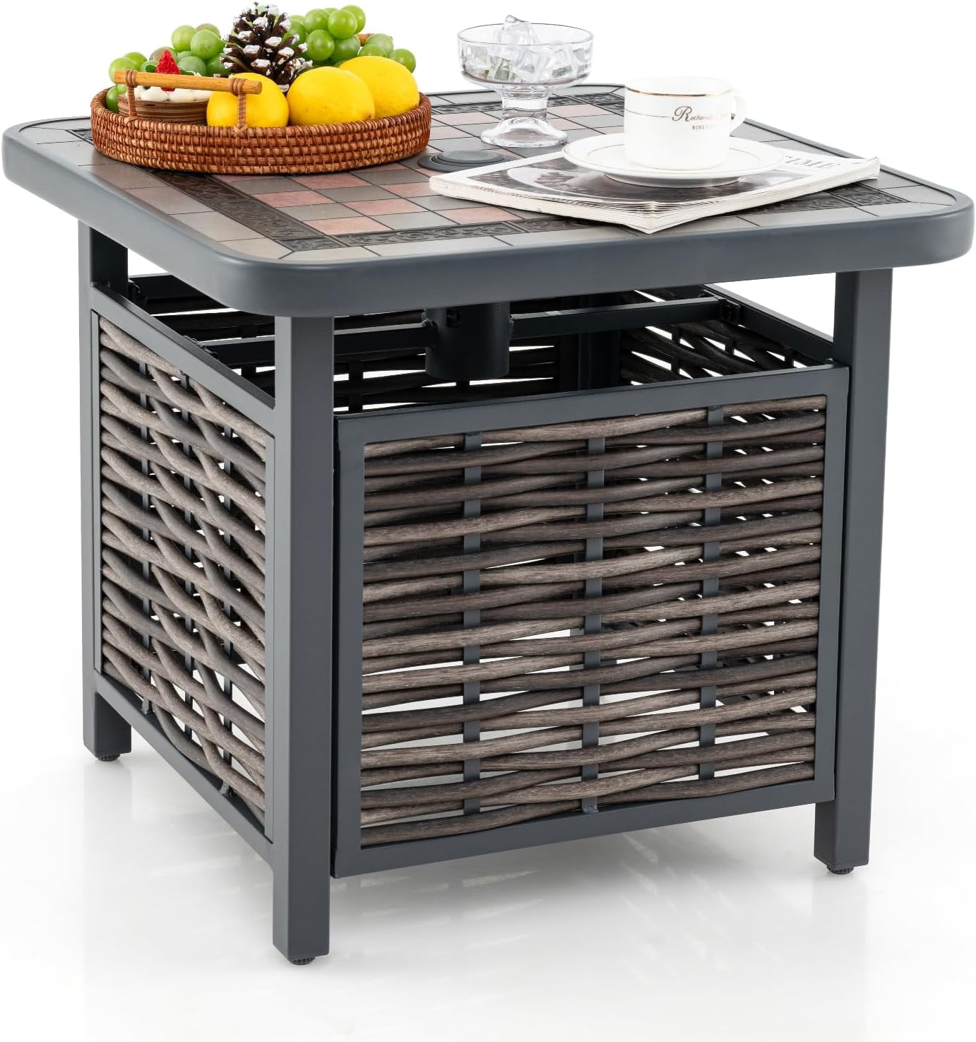 HAPPYGRILL Outdoor Wicker Side Table with Umbrella Hole, PE Rattan ...