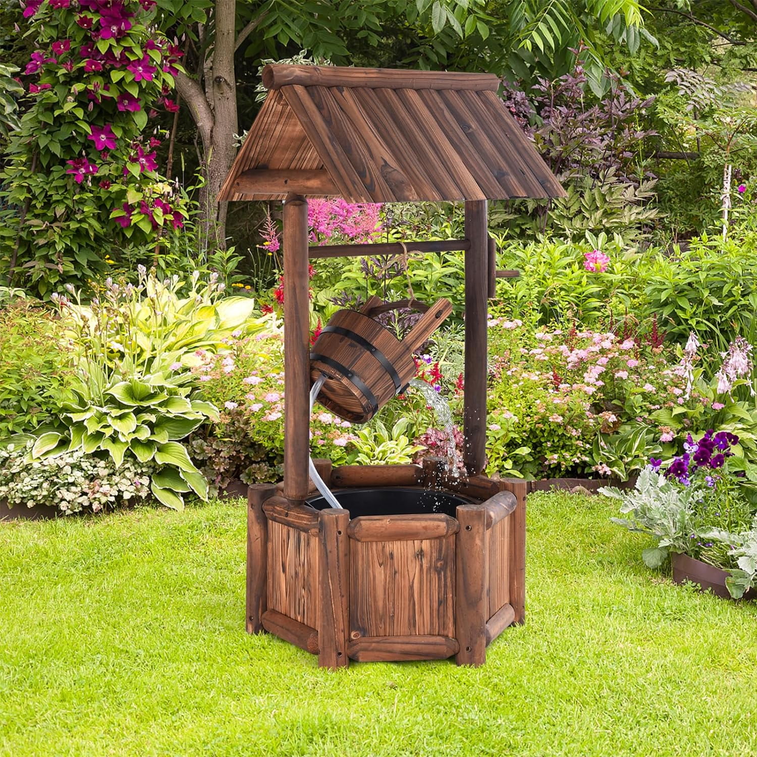 HAPPYGRILL Outdoor Wishing Well Water Fountain, Old-Fashioned Wood ...