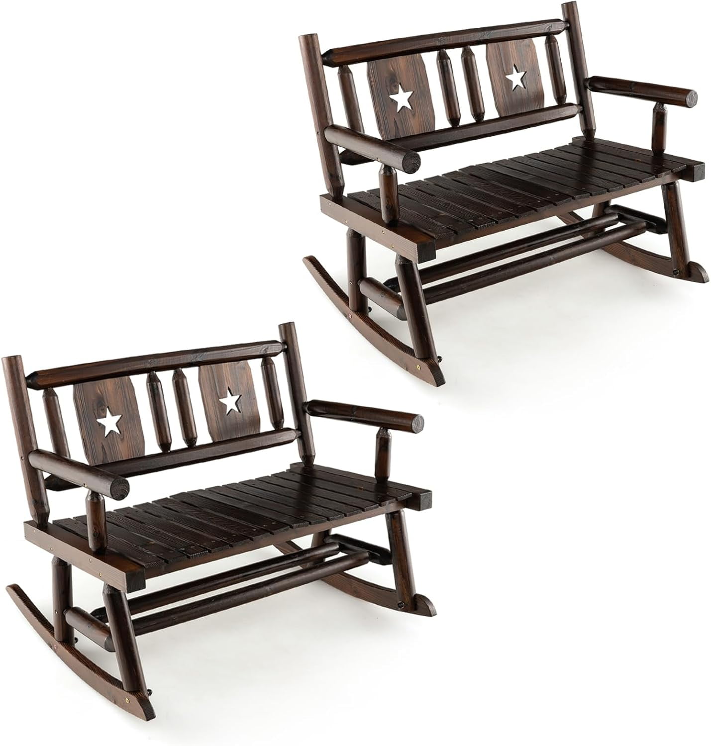 HAPPYGRILL Outdoor Wood Rocking Bench Carbonized Double Rocking Chair ...