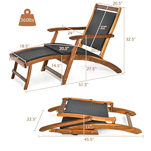 HAPPYGRILL Patio Chaise Lounge Chair with Retractable Footrest, Acacia ...
