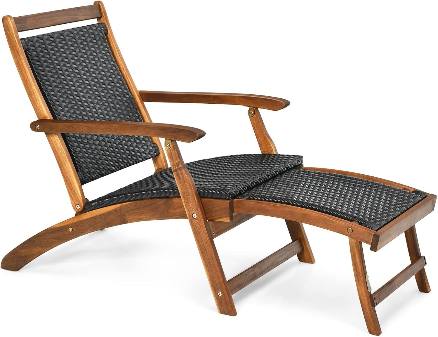 HAPPYGRILL Patio Chaise Lounge Chair with Retractable Footrest, Acacia ...