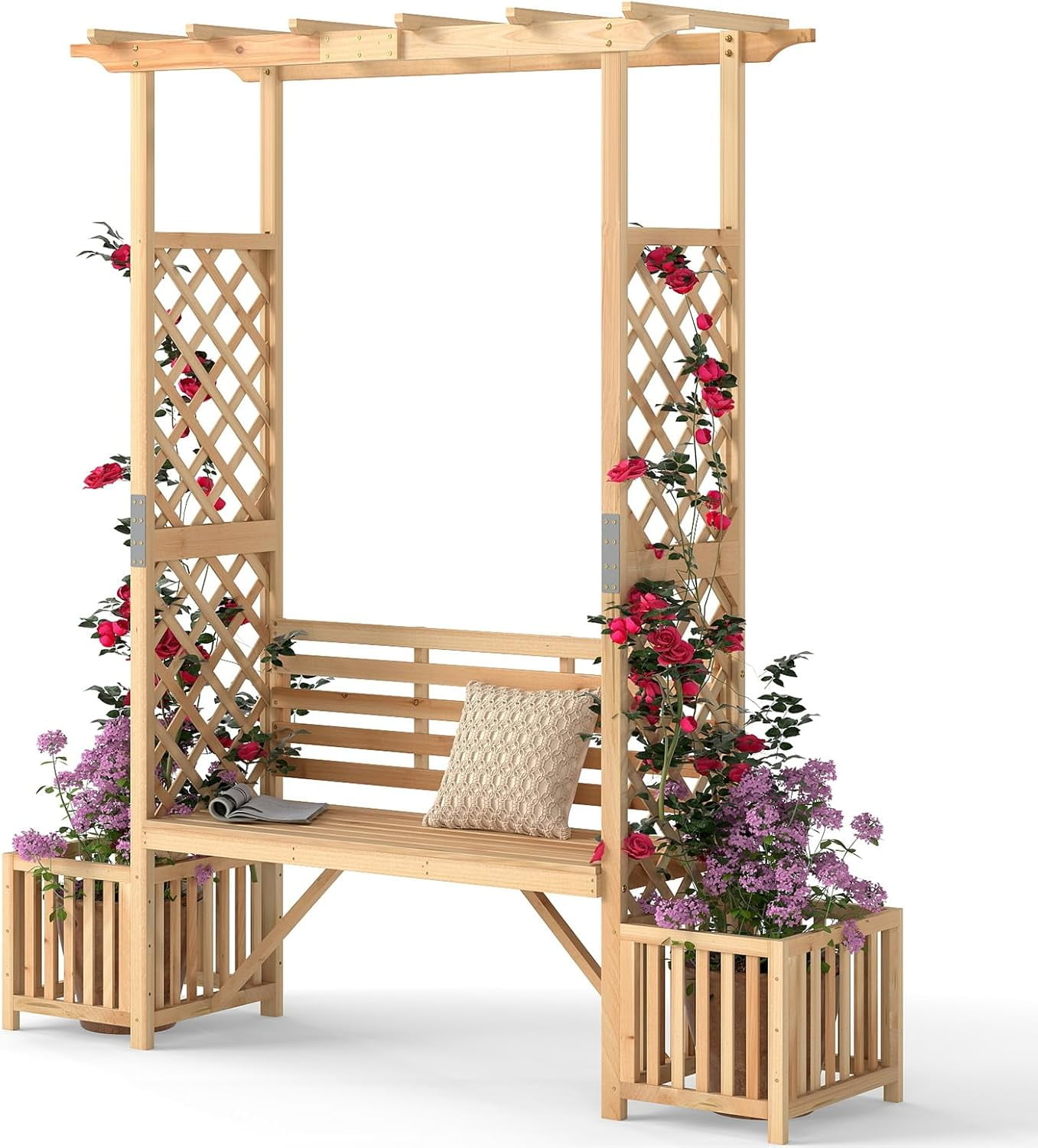 HAPPYGRILL Patio Garden Arbor with Bench, Wooden Outdoor Bench w ...
