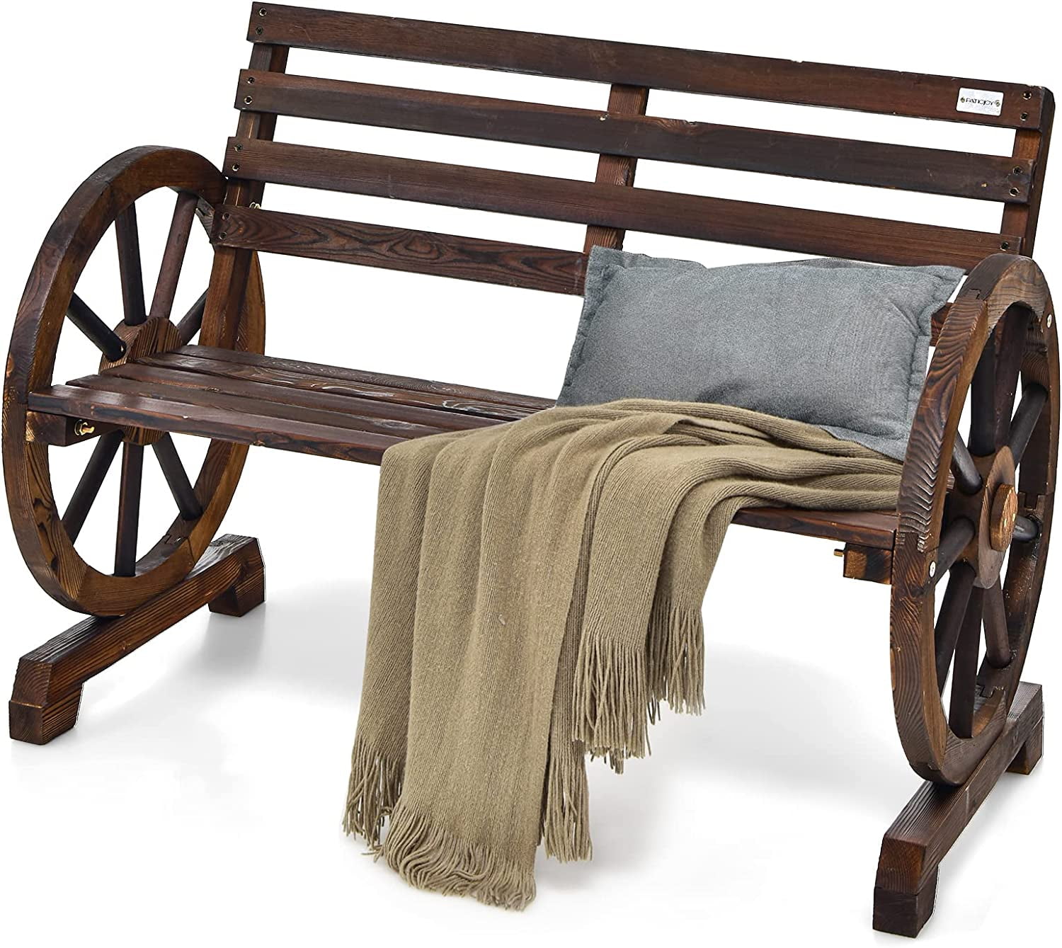 HAPPYGRILL Patio Garden Bench 2-Person Seat Rustic Wooden Wheel Bench ...
