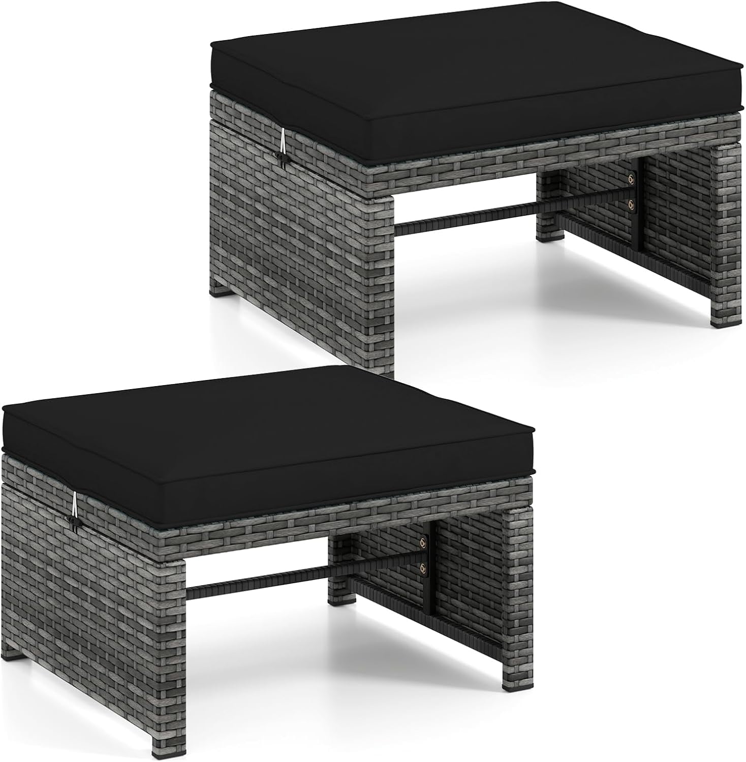 HAPPYGRILL Patio Ottomans Set of 2, PE Rattan Footstools with Removable ...