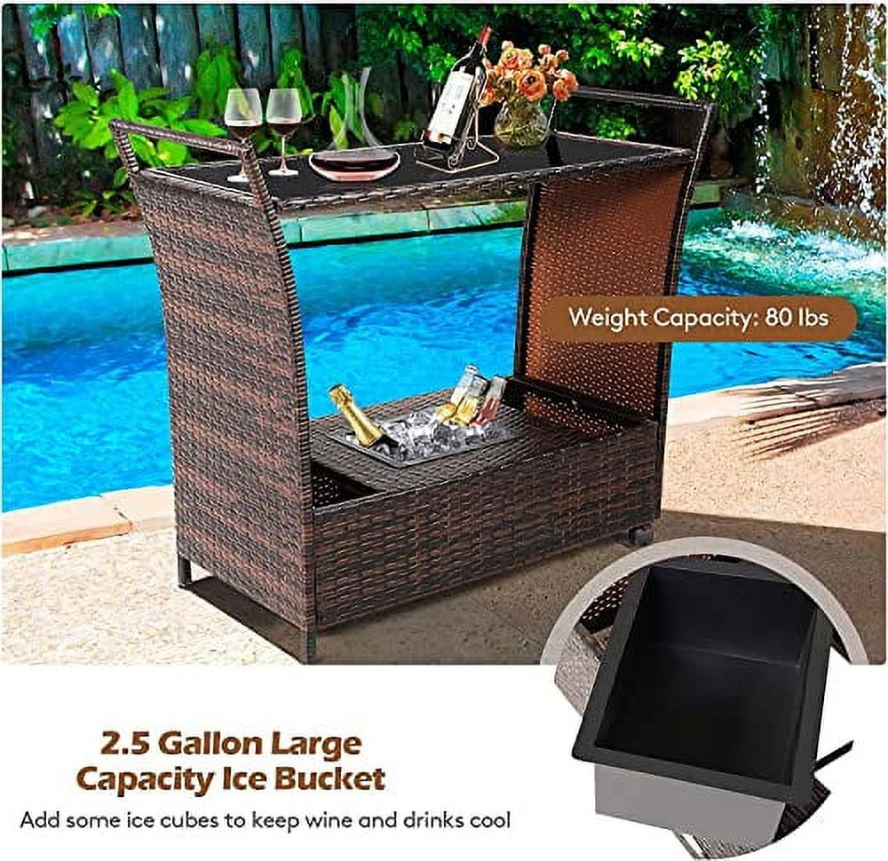 HAPPYGRILL Patio Wicker Bar Cart with Wheel and Ice Bucket Outdoor ...
