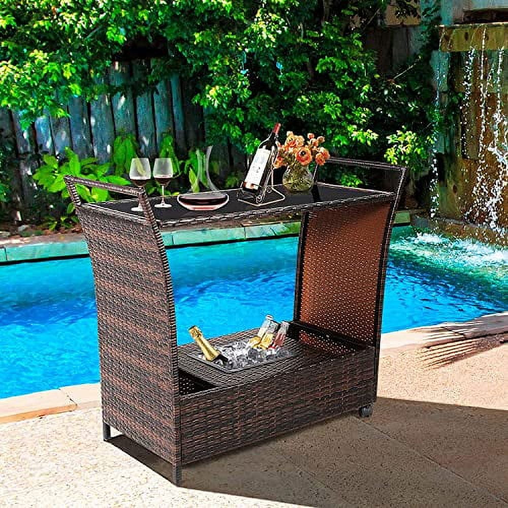 HAPPYGRILL Patio Wicker Bar Cart with Wheel and Ice Bucket Outdoor ...