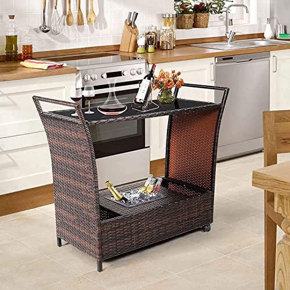 HAPPYGRILL Patio Wicker Bar Cart with Wheel and Ice Bucket Outdoor ...