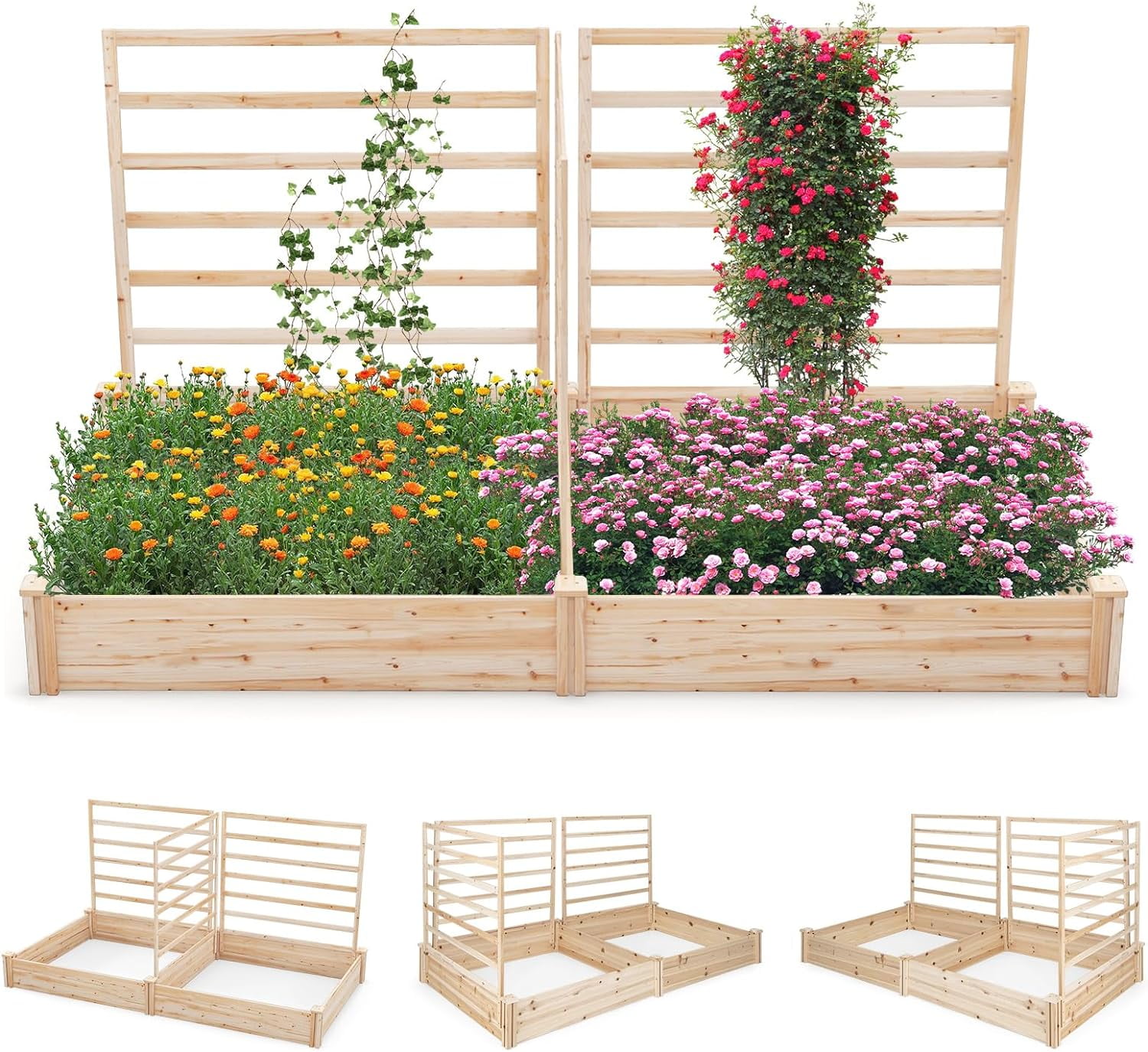 HAPPYGRILL Raised Garden Bed with 3 Trellises, Outdoor Wood Raised Bed ...