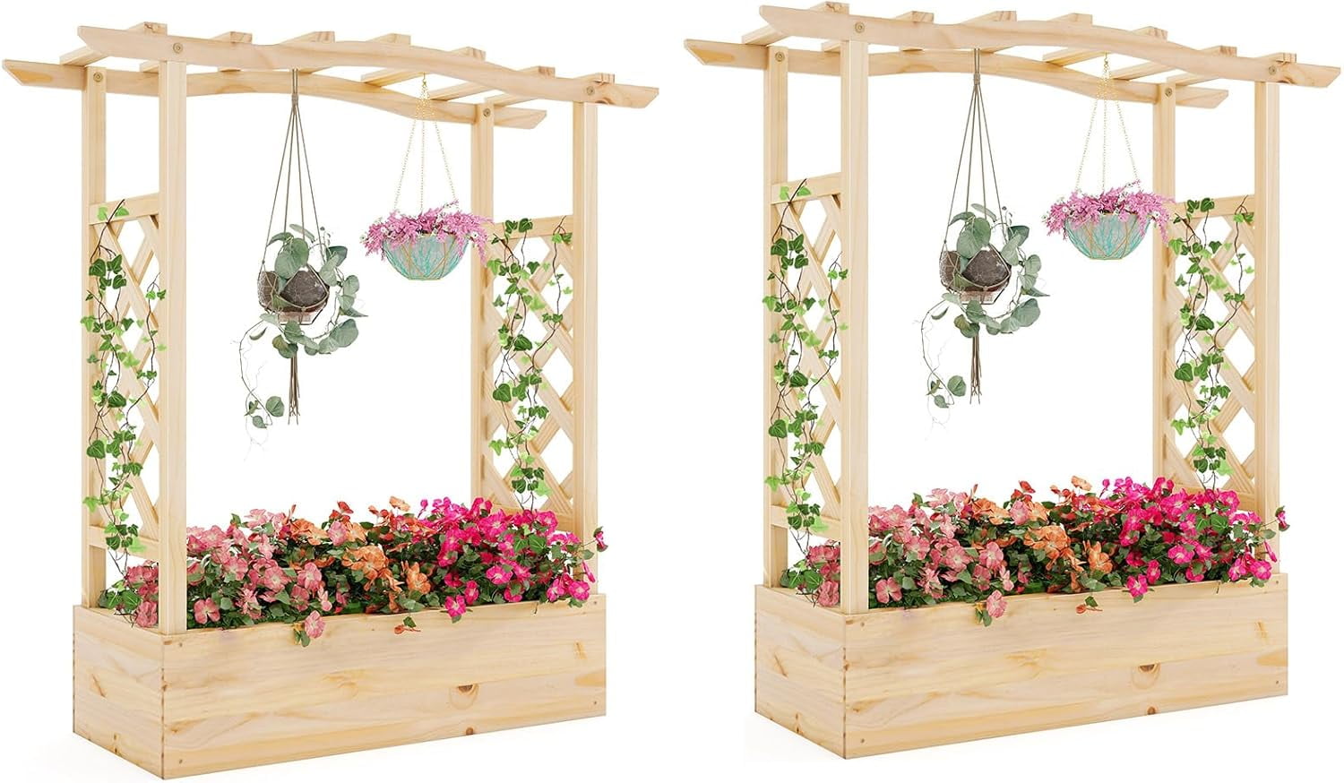 HAPPYGRILL Raised Garden Bed with Trellis, 2 Wood Planter Box w/Hanging ...