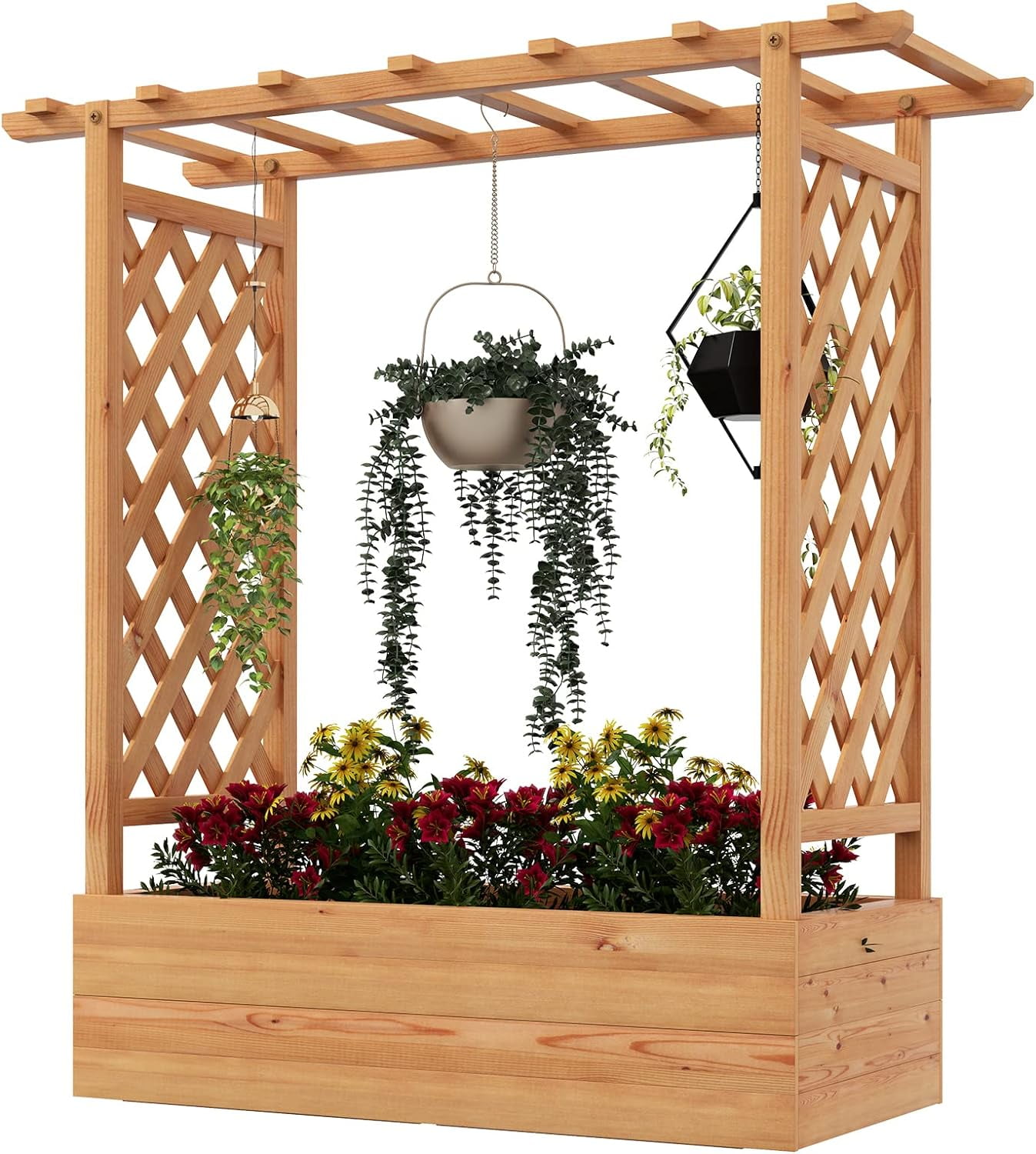 HAPPYGRILL Raised Garden Bed with Trellis, Freestanding Wood Planter ...