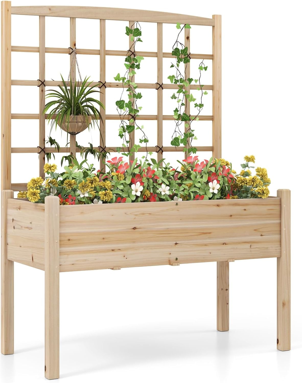 HAPPYGRILL Raised Garden Bed with Trellis, Wood Garden Box w/Open Base ...